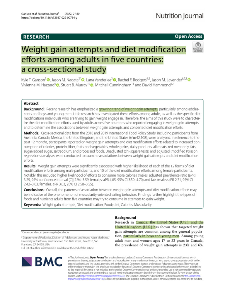 Weight Gain Attempts and Diet Modification Efforts Among Adults in Five ...