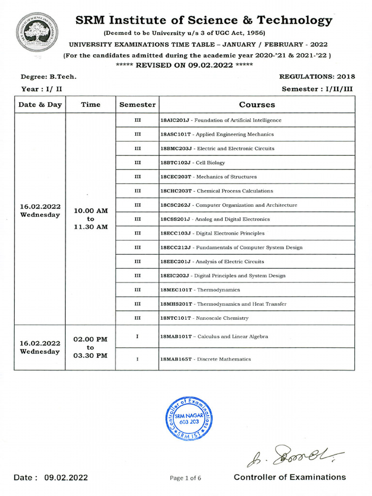 Timetable Btech Revised 2018 Reg Feb 2022 | PDF