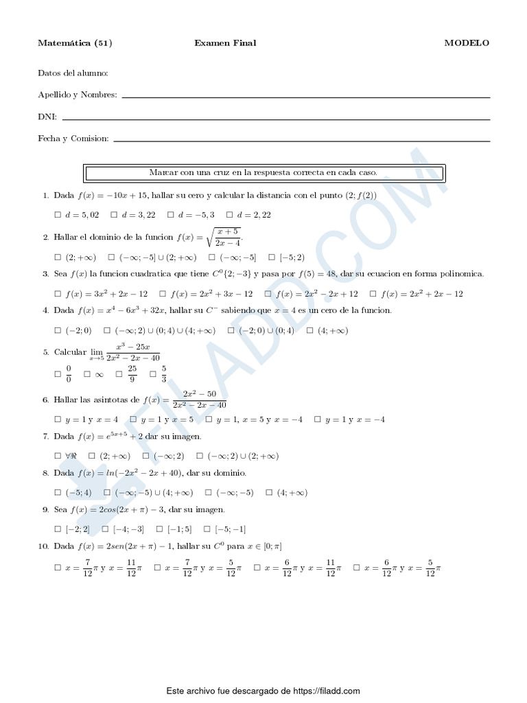 Examen Final Matematica MODELO | PDF