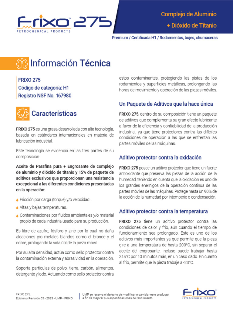 Grasa Lubricante FRIXO 275 H1 | PDF | Rodamiento (Mecánico) | Materiales
