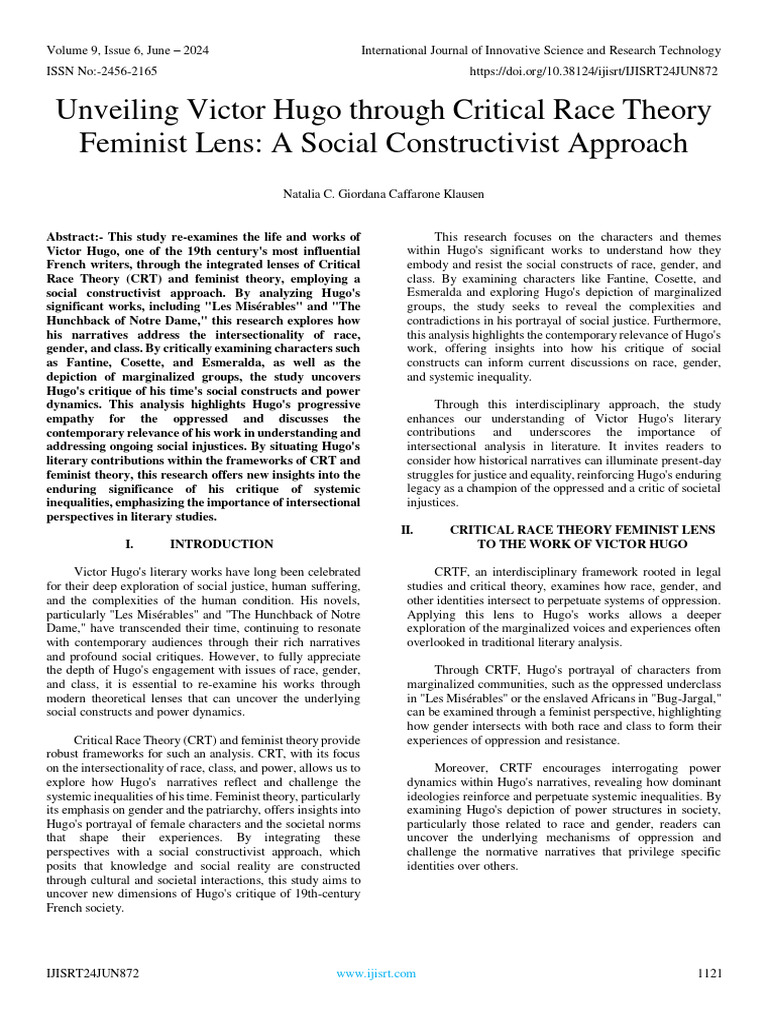 Unveiling Victor Hugo Through Critical Race Theory Feminist Lens A