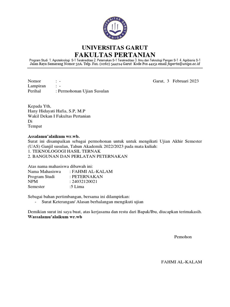 Surat Pengajuan UAS Susulan | PDF