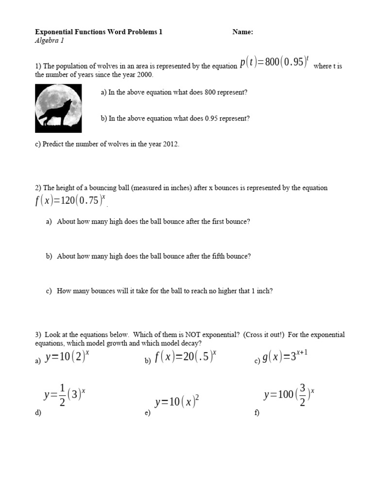 Exponential Functions Word Problems 1 Pdf Equations Applied