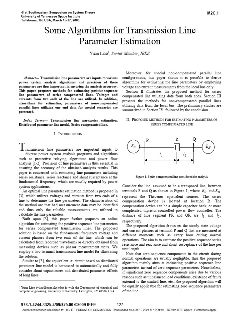 Some Algorithms For Transmission Line Parameter Estimation Download Free Pdf Electrical