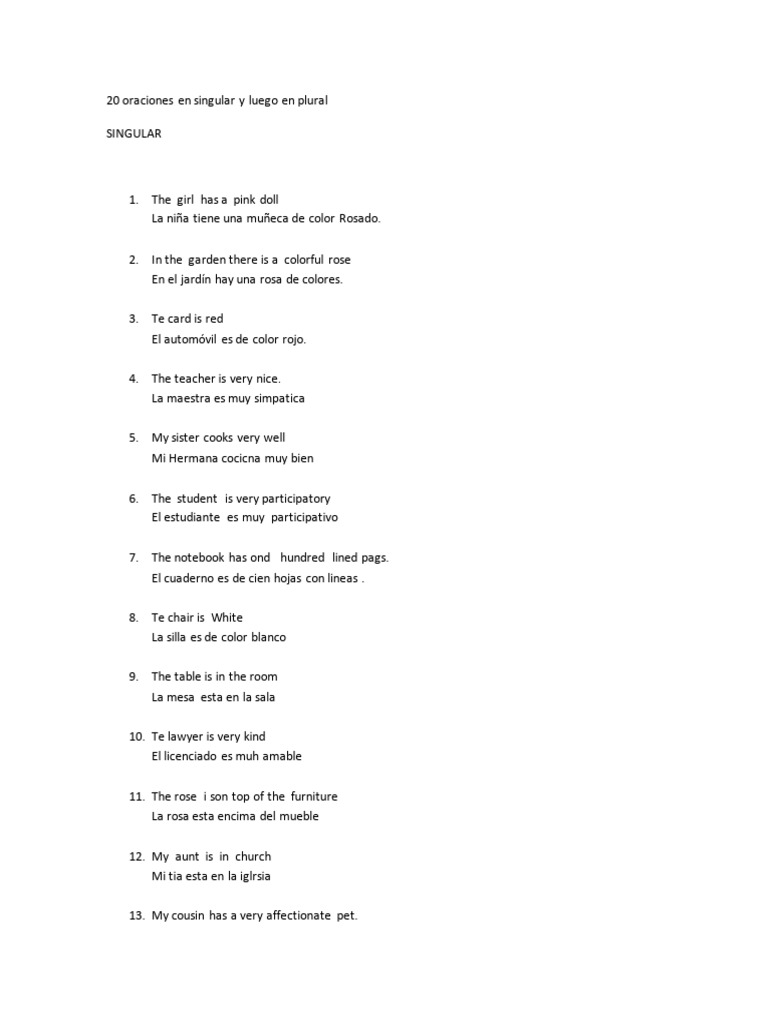 20 Oraciones en Singular y Luego en Plural | PDF