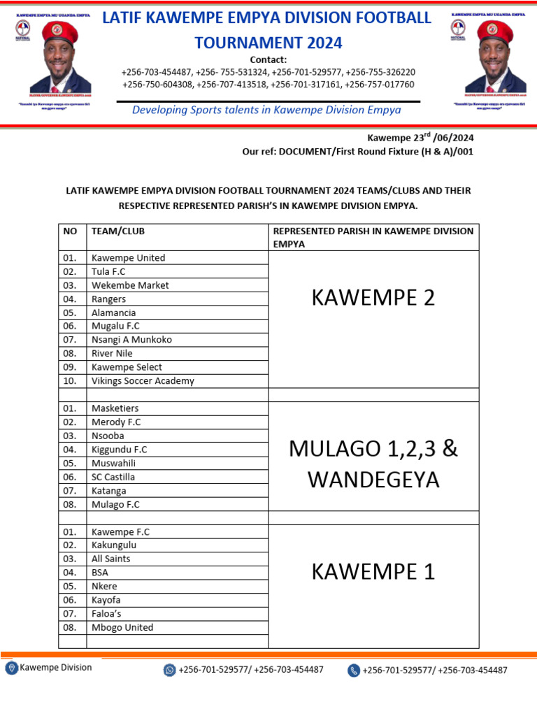 Latif Kawempe Empya Division Football Tournament 2024 Fixture First Round H & A Matches | PDF ...
