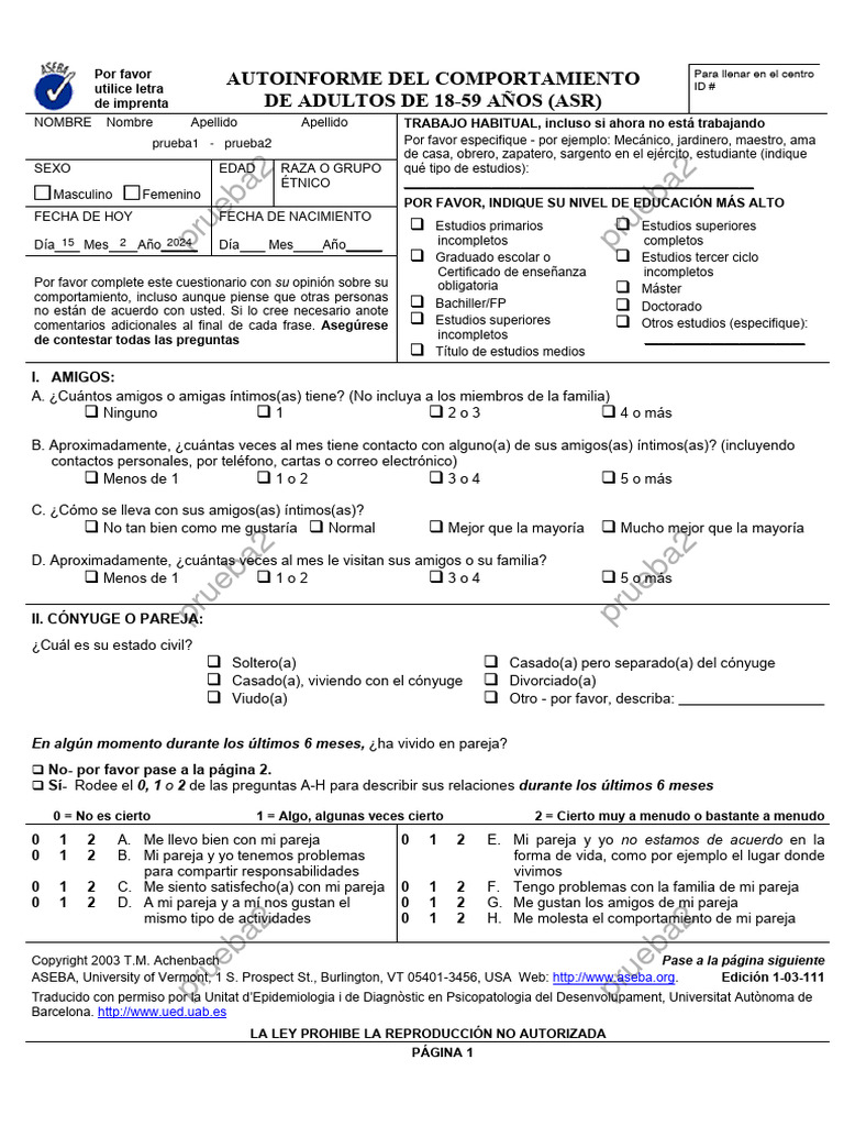Adult Self-Report (ASR) | PDF