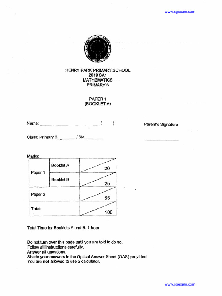 2019 P6 Maths SA1 Henry Park | PDF