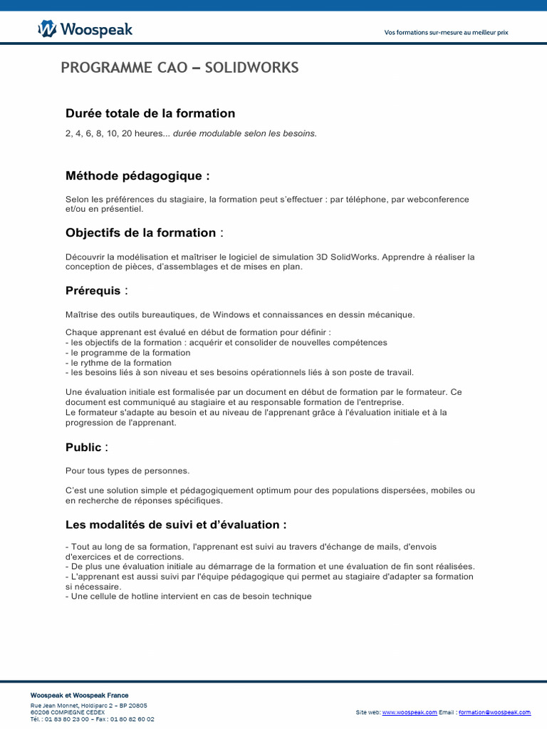Woospeak Programme CAO SolidWorks | PDF | Pédagogie | Conception ...