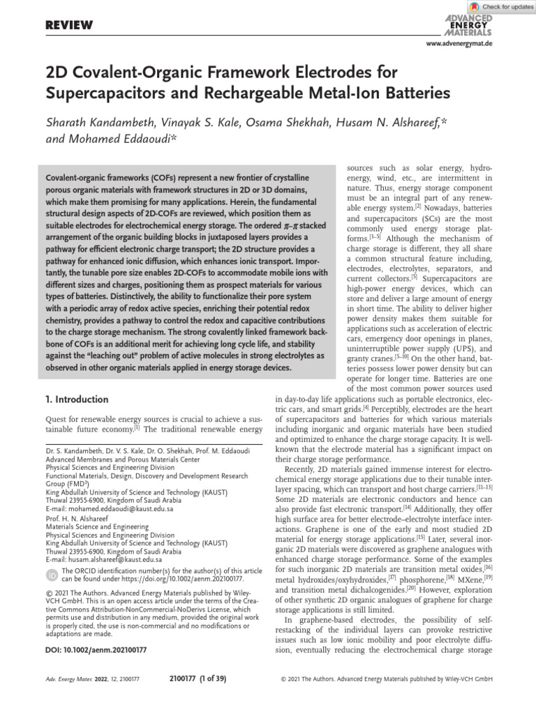 Advanced Energy Materials - 2021 - Kandambeth - 2D Covalent‐Organic ...
