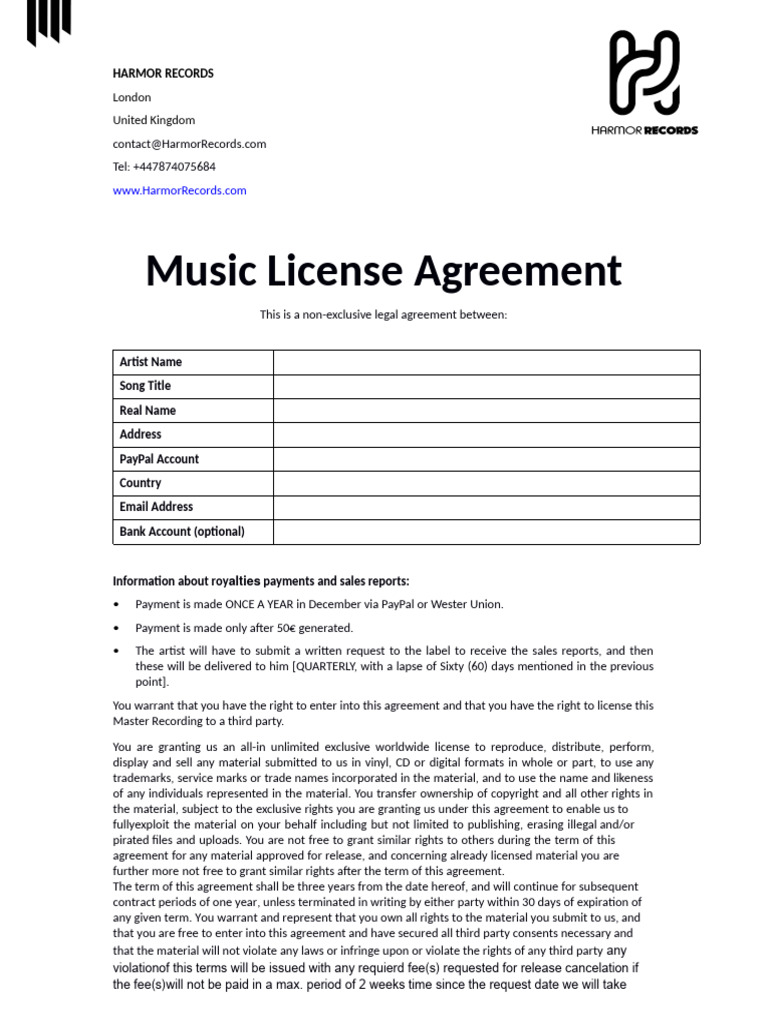 Harmor Records Music License Agreement | PDF | License | Royalty Payment