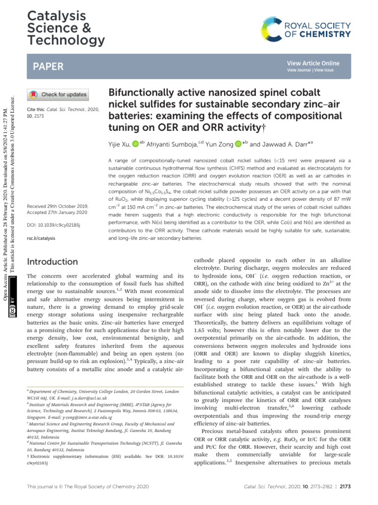 Bifunctionally Active Nanosized Spinel Cobalt Nickel Sulfides For Sustainable Secondary Zinc-Air ...