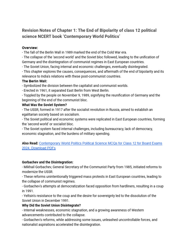 Cbse Class 12 Chapter 1 The End of Bipolarity Notes | PDF | Socialism ...