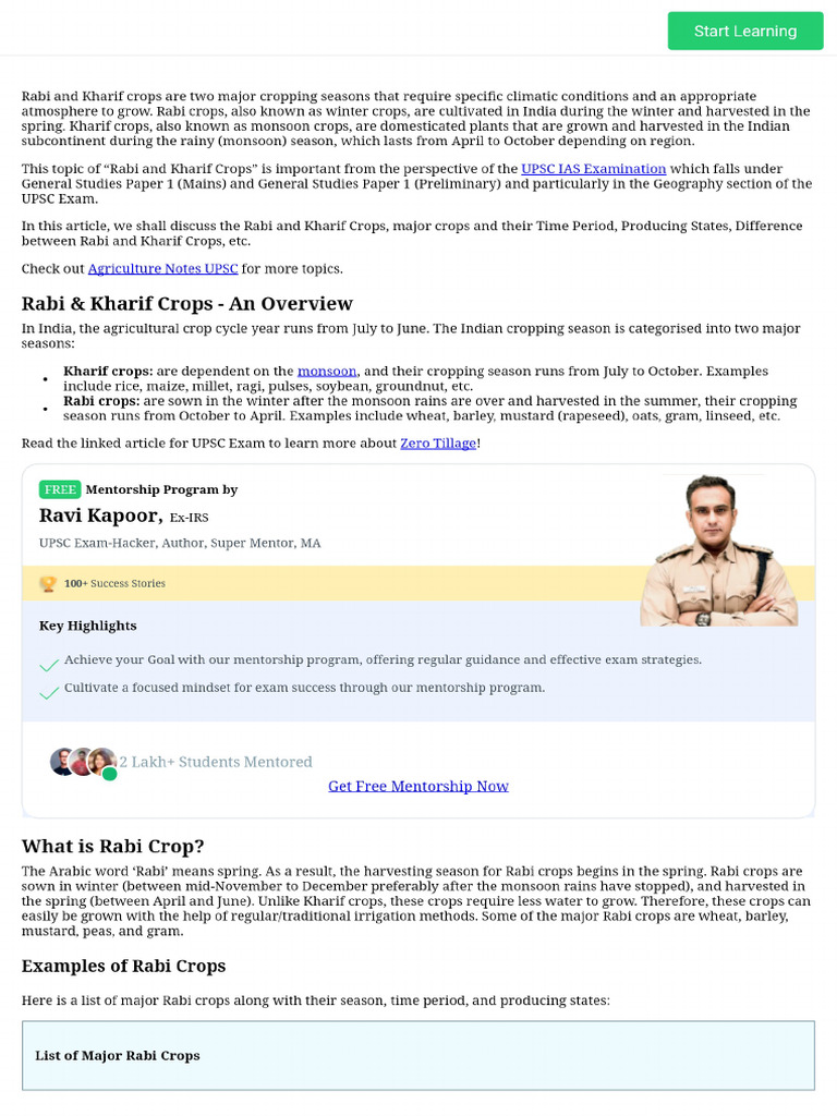 Rabi and Kharif Crops - Overview, Crops List, Time Period & More | PDF