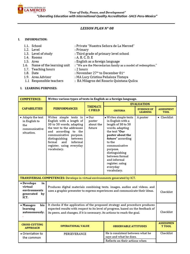 English Lesson Plan for 3rd Grade | PDF | Educational Technology ...