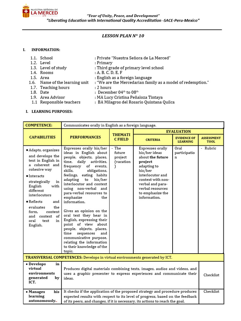 IV TERM - LESSON PLAN 10 - UNIT 08 - 3rd GRADE - QUINTANA | PDF ...