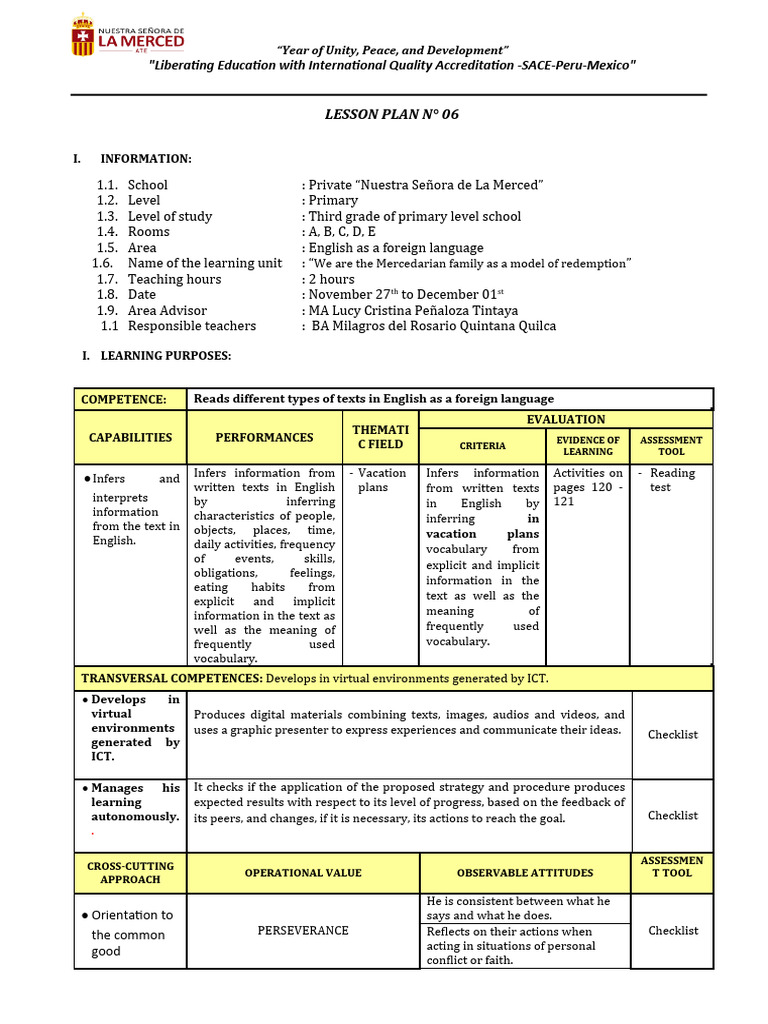 IV TERM - LESSON PLAN 06 - UNIT 08 - 3rd GRADE - QUINTANA | PDF | Educational Technology ...