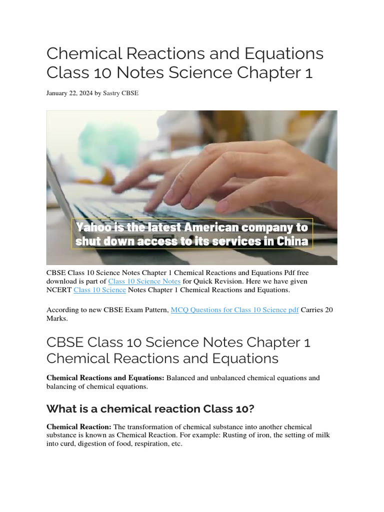 Chemical Reactions and Equations Class 10 Notes Science Chapter 1 | PDF ...