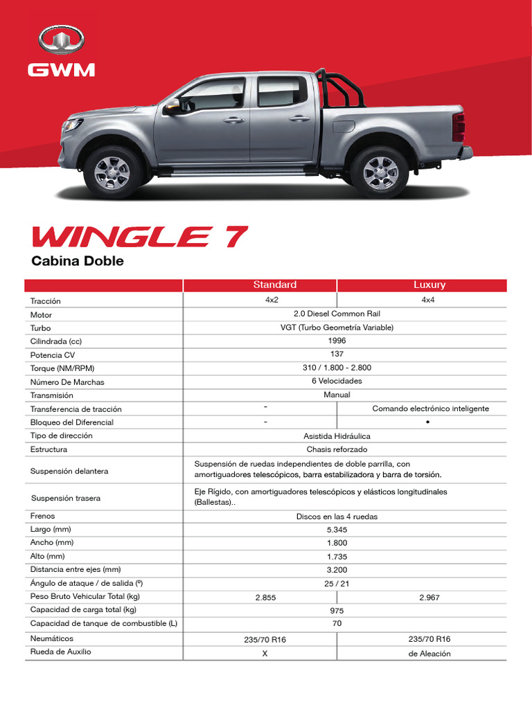 Ficha Tecnica Great Wall Wingle7 | PDF | Airbag | Eje