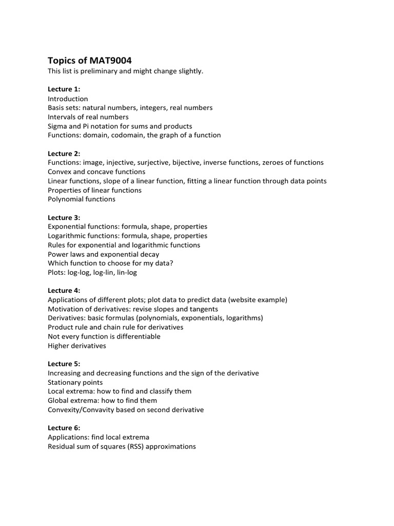 MAT9004 Lecture Outline | PDF | Function (Mathematics) | Derivative