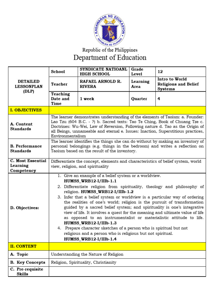 Senior High School Lesson Plan | PDF | God | Theism