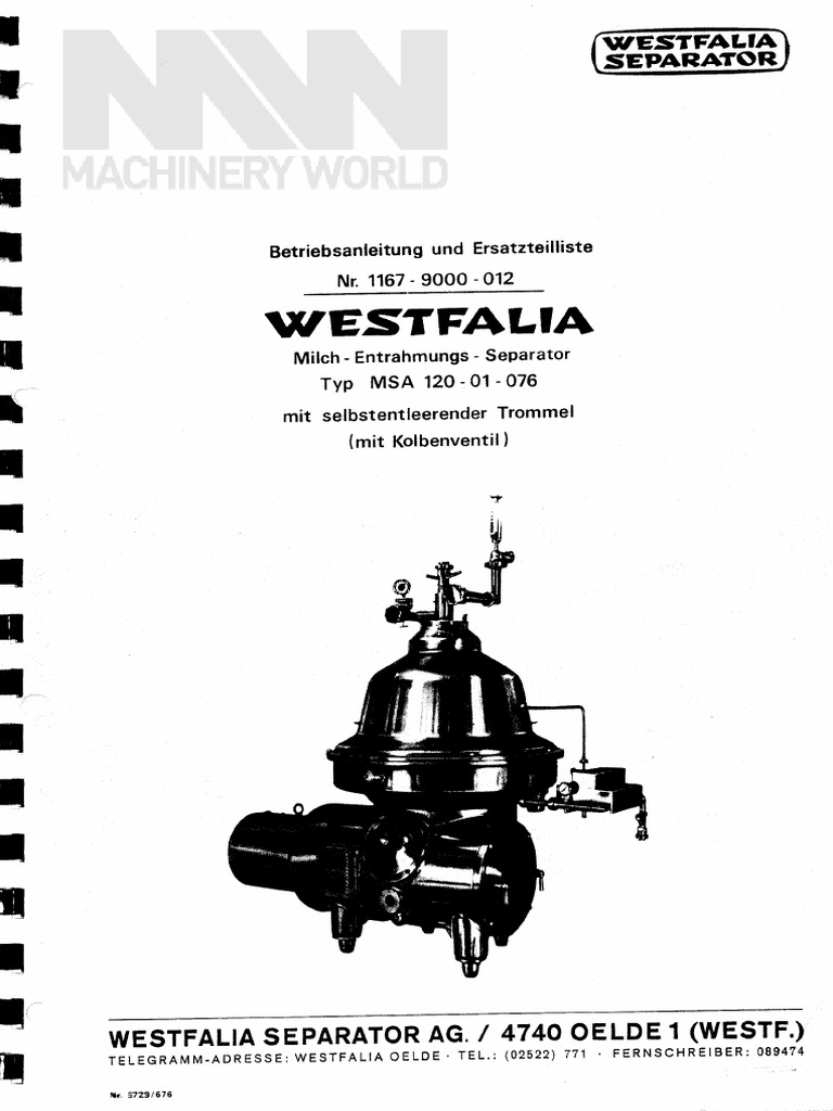 Westfalia Milk Separator MSA 120-01-076 | PDF