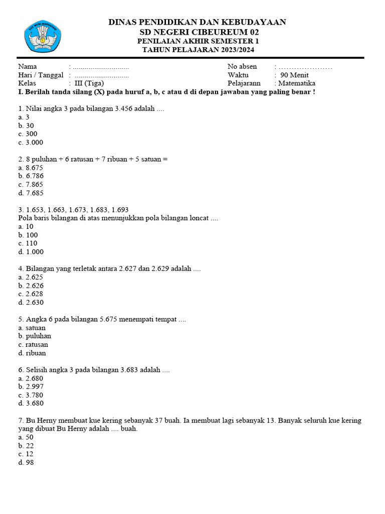 Soal Pas KLS 3 MTK | PDF