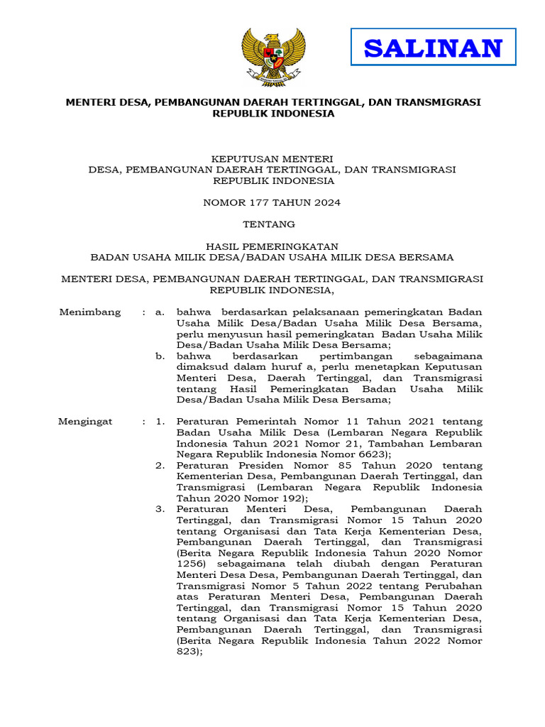 Hasil Pemeringkatan BUM Desa 2024 | PDF