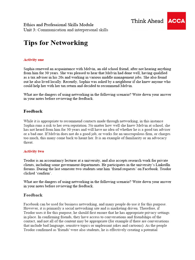EPSM - Unit 3 - Tips For Networking Activity | PDF | Linked In | Social ...