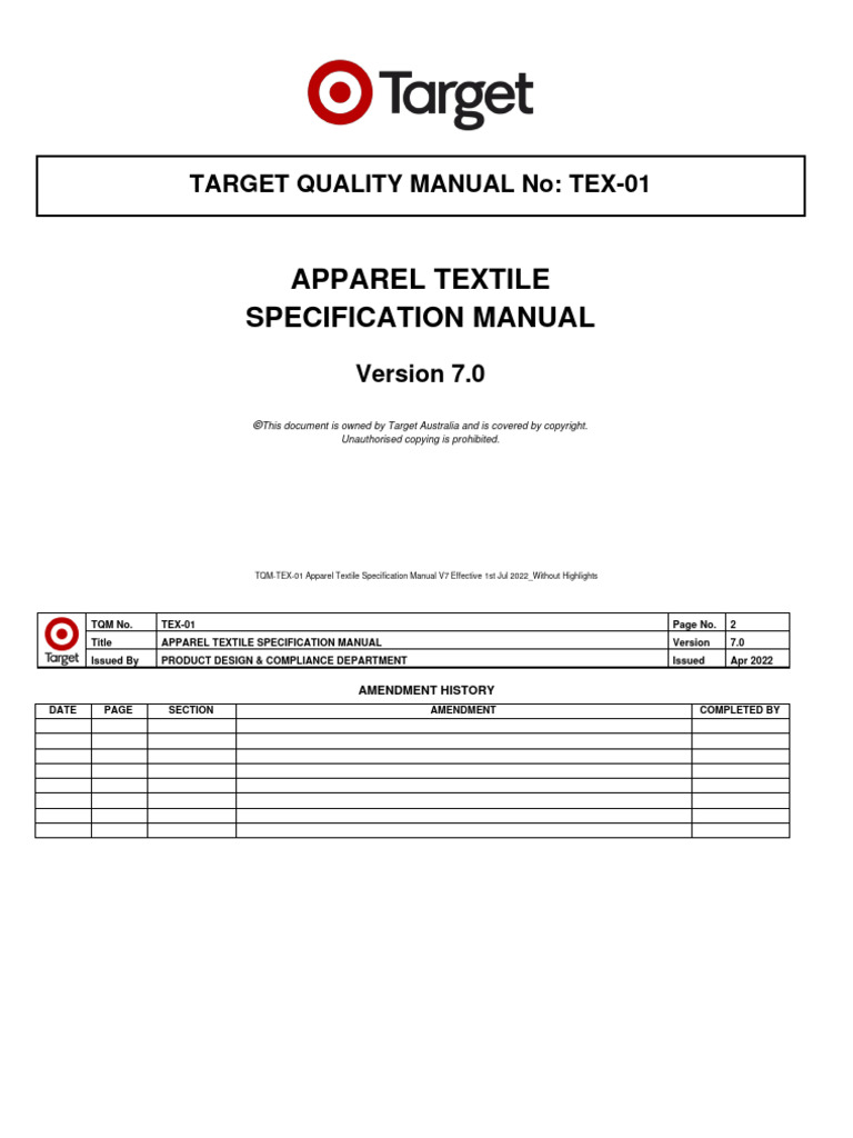 Textile Specification Manual TQM-TEX-01 Apparel | PDF | Textiles | Dyeing