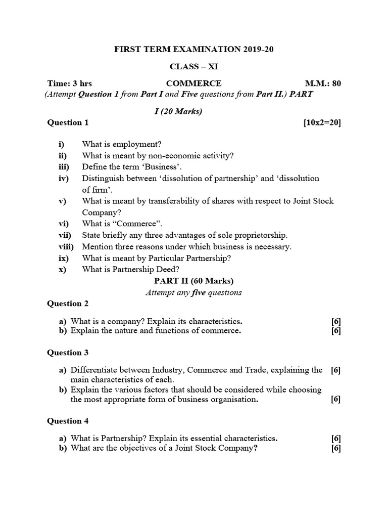 COMMERCE XI 1st Term Exam 2020-21 | PDF | Career & Growth | Finance ...