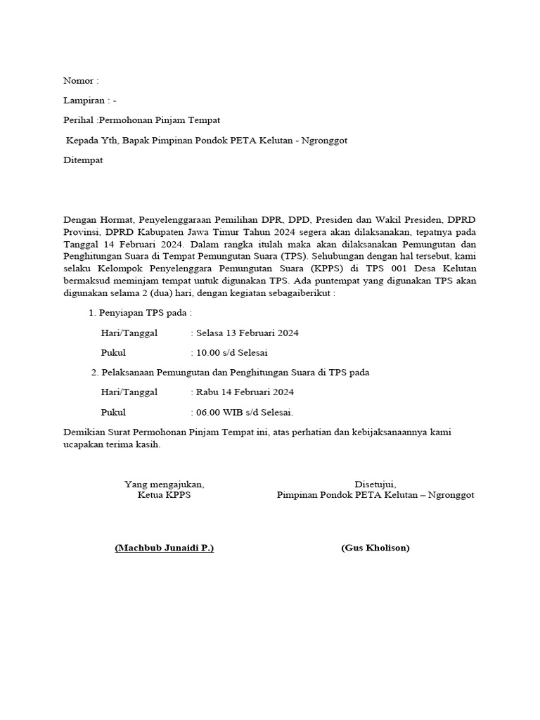Surat Permohonan Pinjam Tempat TPS | PDF