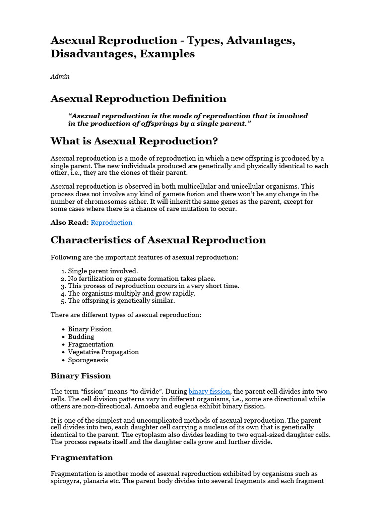 Asexual Reproduction - Types, Advantages, Disadvantages, Examples | PDF ...