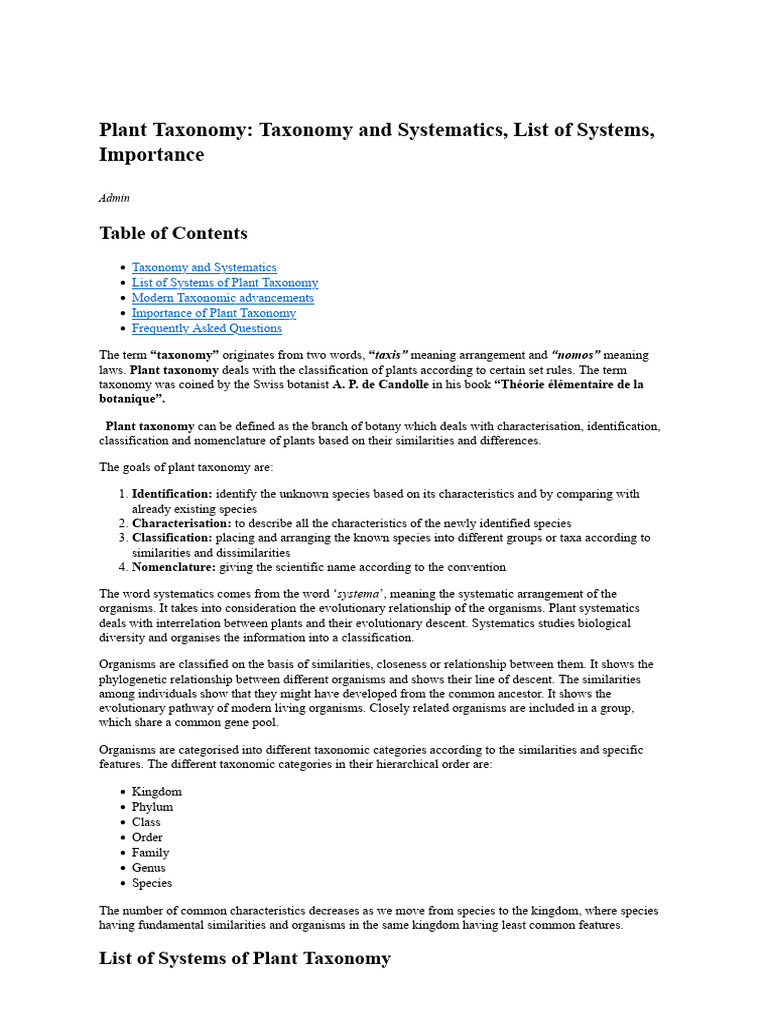 Plant Taxonomy Taxonomy and Systematics, List of Systems, Importance ...