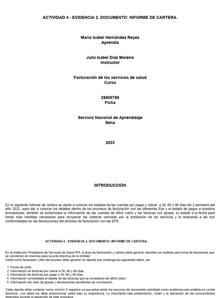 Actividad 4 - Evidencia 2. Documento: Informe de Cartera PDF | PDF | Ciencias sociales