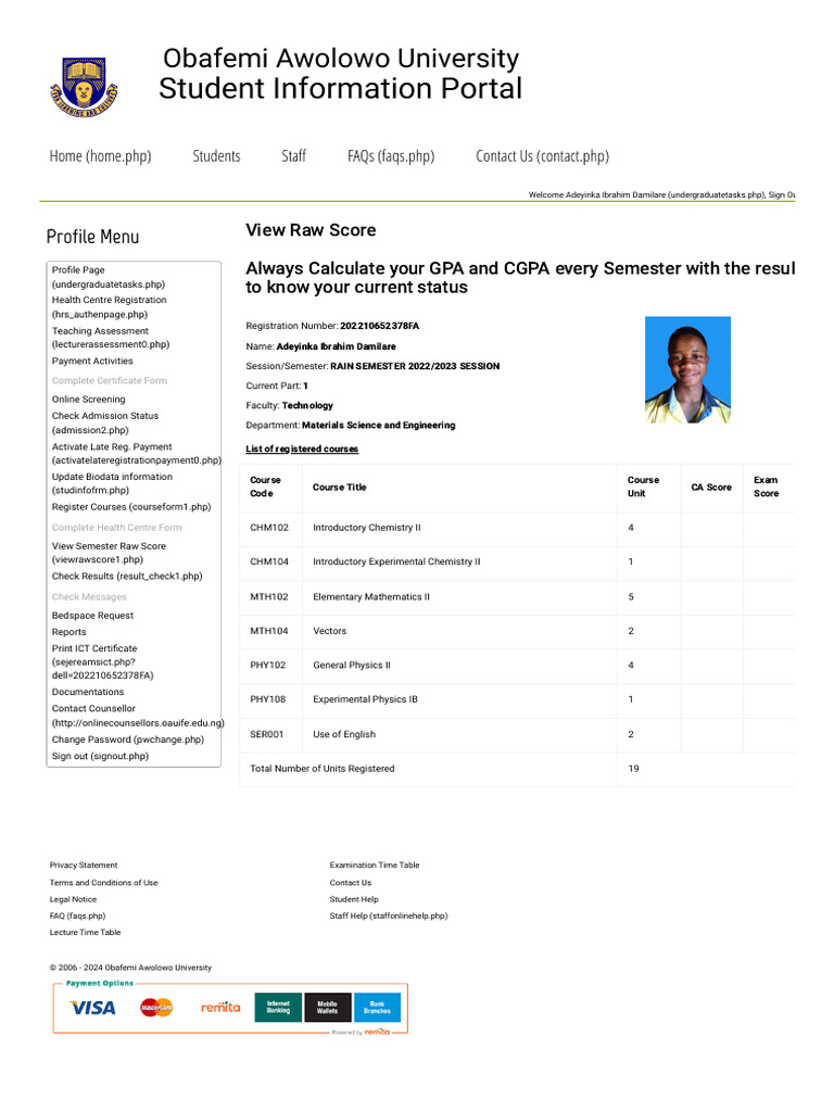 OAU Student Portal Overview | PDF