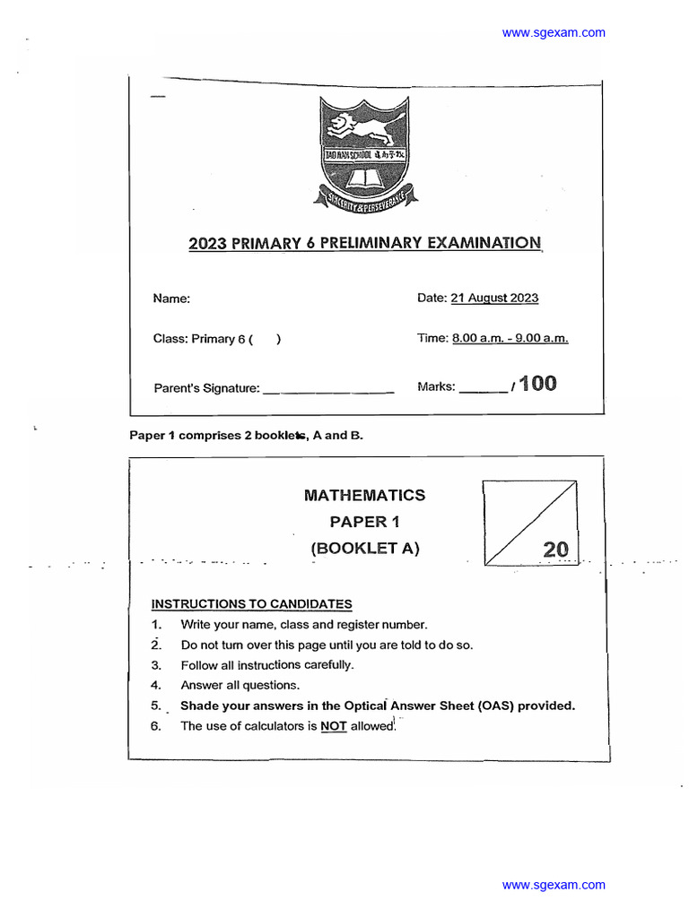 2023-P6-Maths-Prelim-Tao Nan | PDF