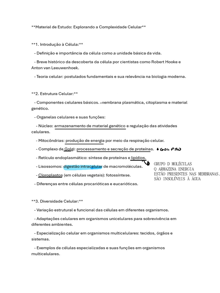 Resumo Citologia | PDF | Célula (Biologia) | Organelo
