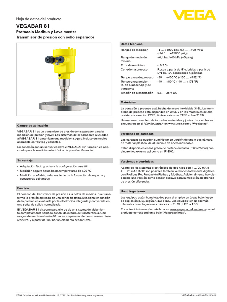 ES Hoja de Datos Del Producto VEGABAR 81 Protocolo Modbus y Levelmaster ...