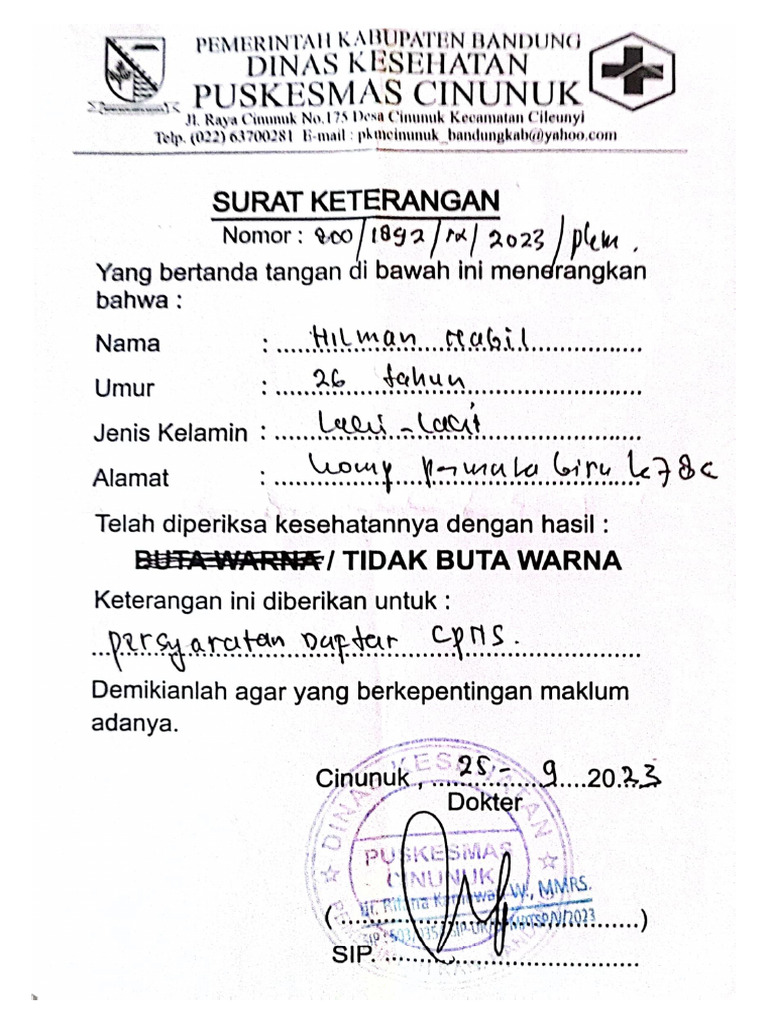 Contoh Surat Bebas Buta Warna | PDF