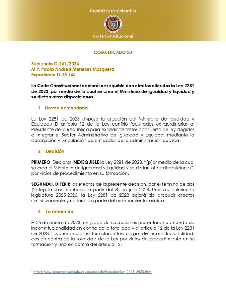 Comunicado 20 - Mayo 8 de 2024 | PDF | Caso de ley | Constitución