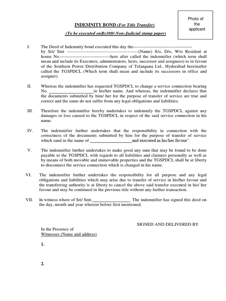 Indemnity Bond for Title Transfer | Download Free PDF | Indemnity | Deed