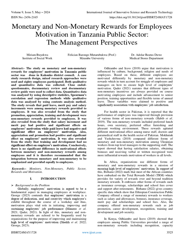 Monetary and Non-Monetary Rewards For Employees Motivation in Tanzania Public Sector: The ...