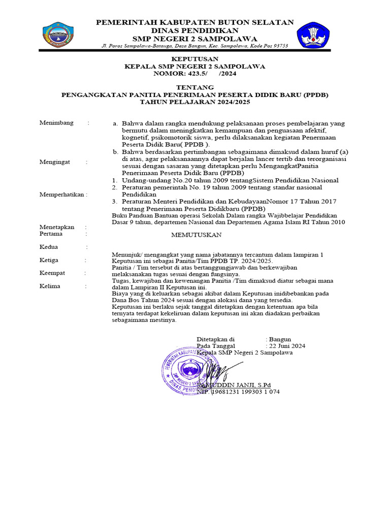 SK Panitia PPDB Ta 2024-2025 | PDF