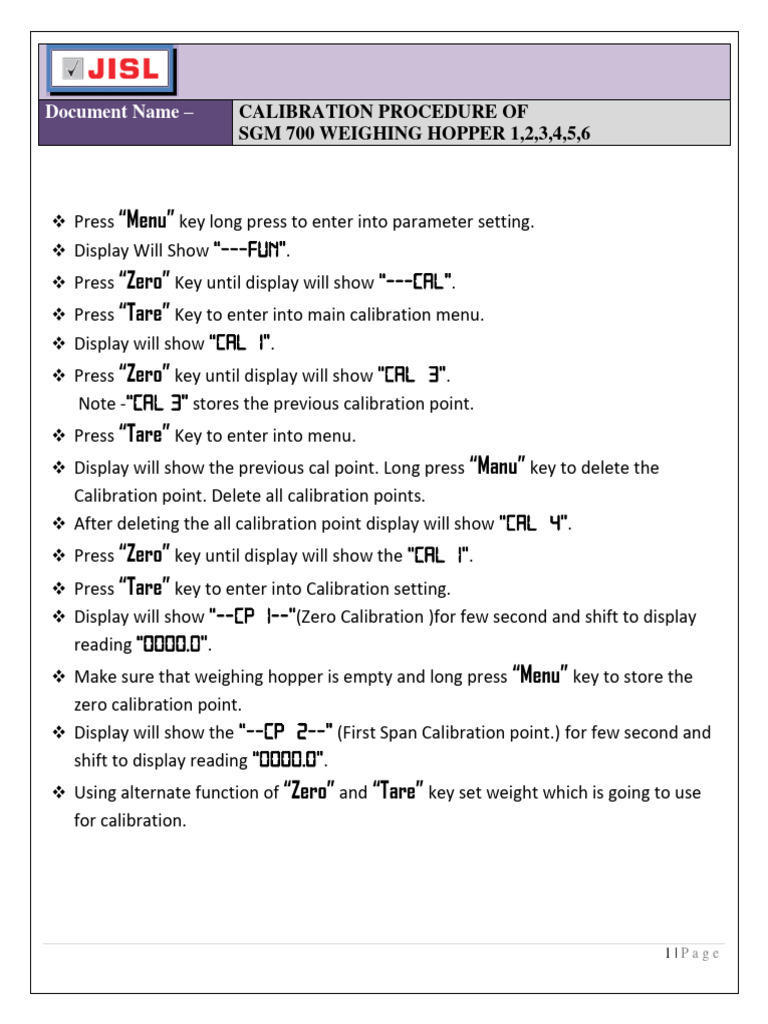 CALIBRATION PROCEDURE SGM 700 Weighing Hopper 1,2,3,4,5,6. | PDF ...
