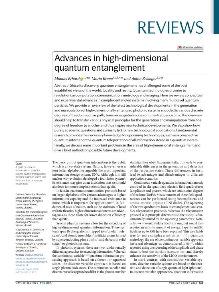 Advances in High-Dimensional Quantum Entanglement (Nature Reviews ...