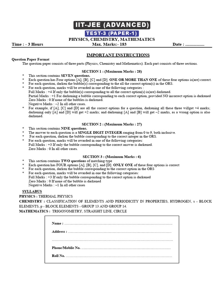 IIT-JEE (Advanced) - Test-3 (p-1) | PDF | Gases | Circle