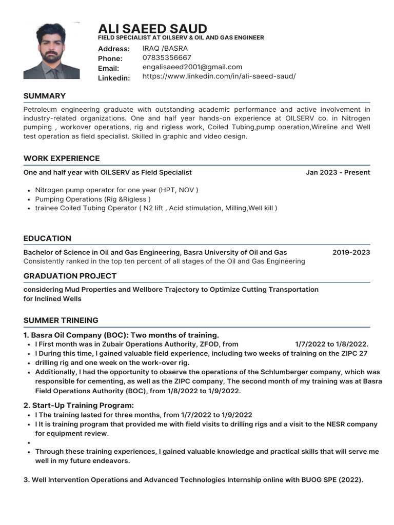 Blue and White Clean and Professional Resume | PDF | Oil Well ...