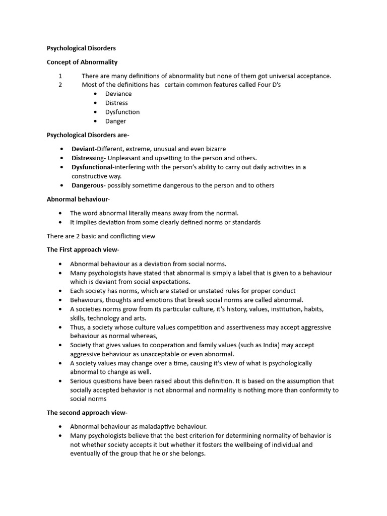 Psychological Disorders Notes | PDF | Deviance (Sociology) | Mental ...