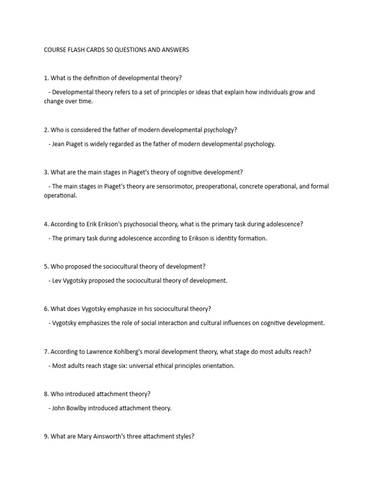Course Flash Cards 50 Questions and Answers | PDF | Developmental ...